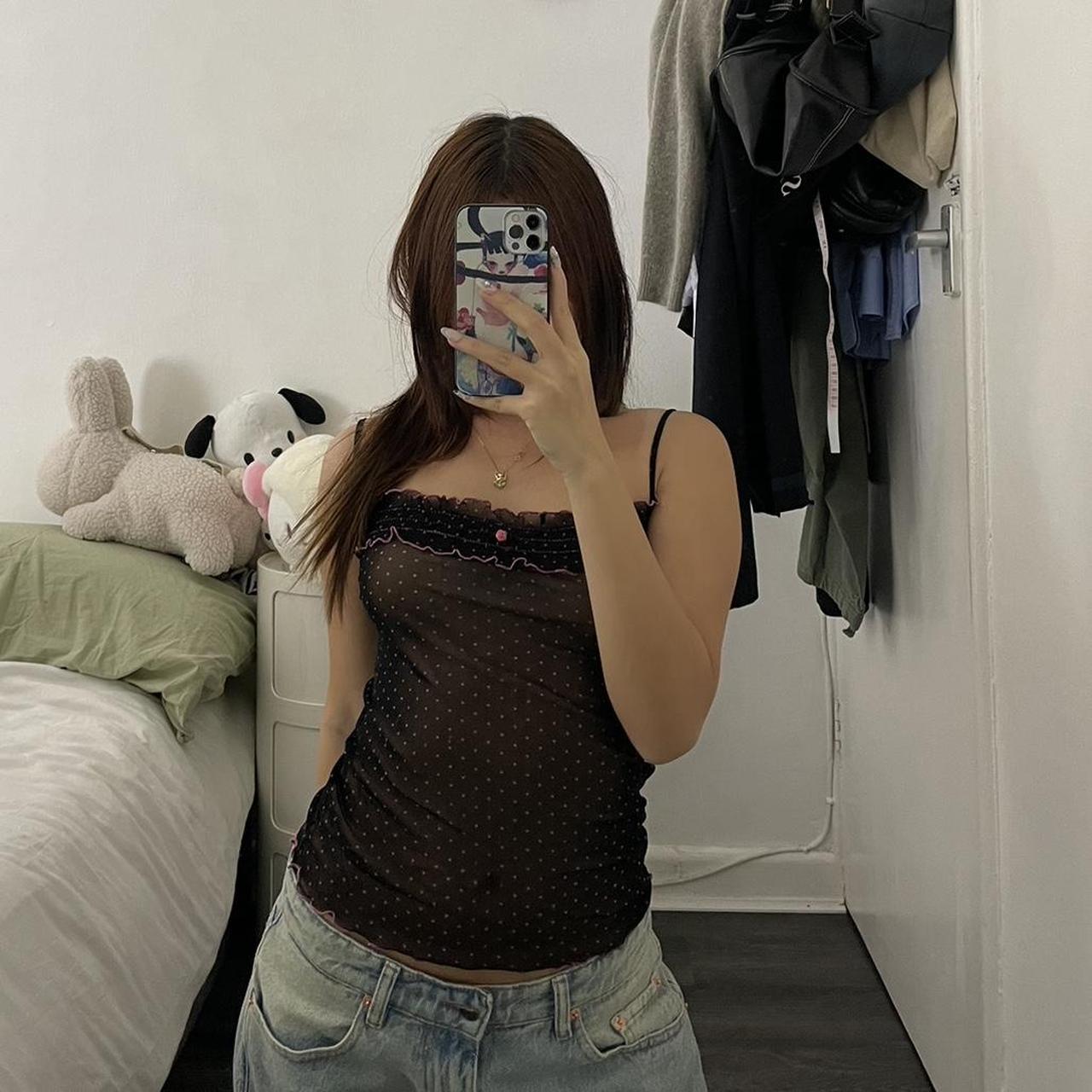 peach john sheer black coquette pink polka dot... - Depop