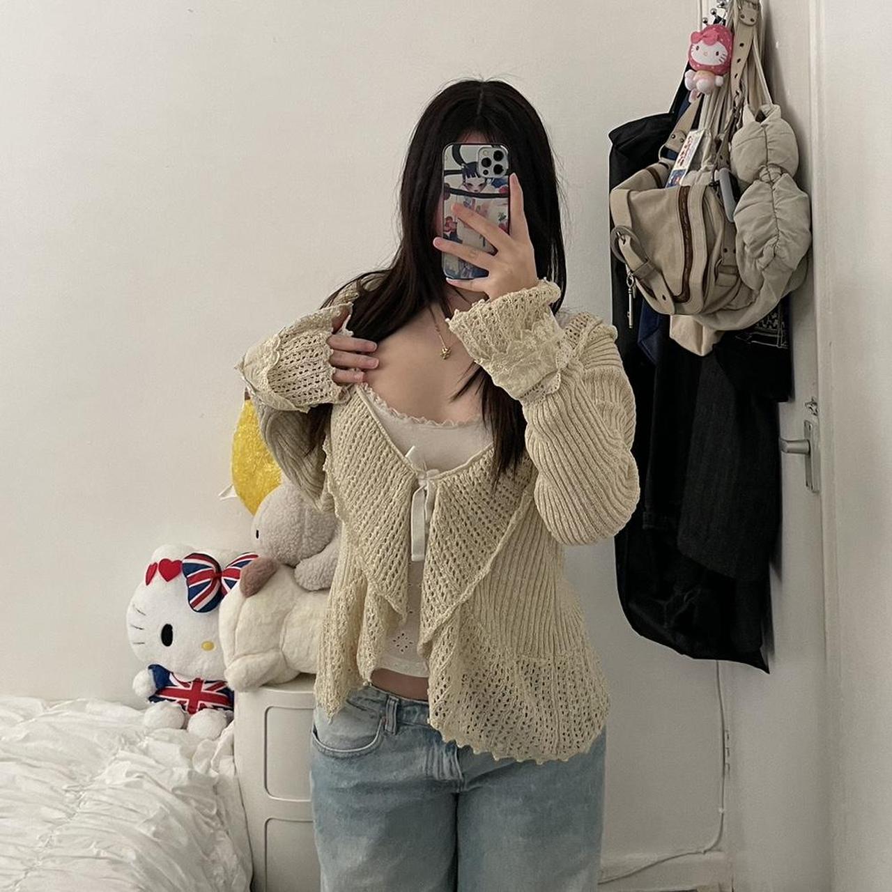 fairy boho l'est rose gold beige ruffle cardigan... - Depop