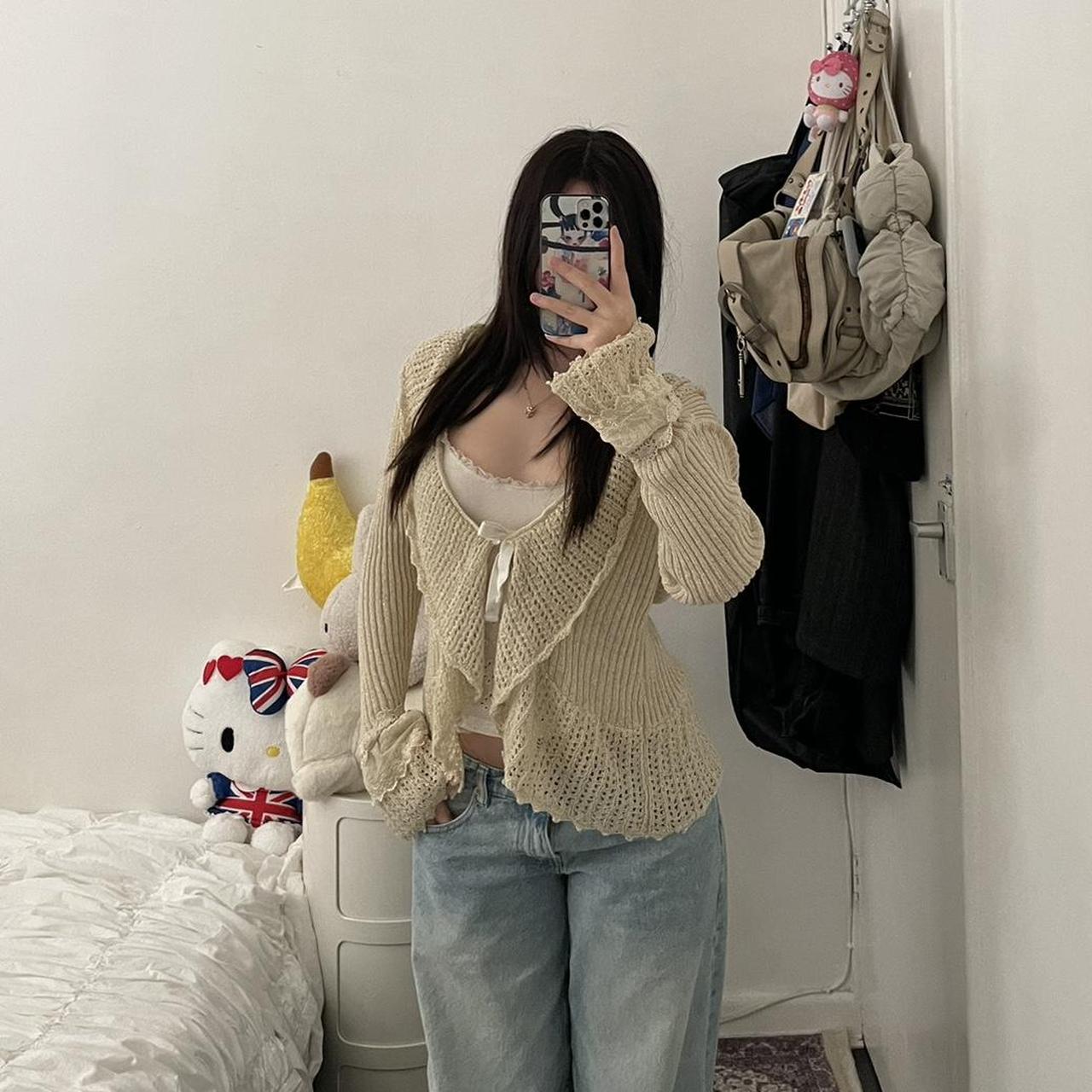 fairy boho l'est rose gold beige ruffle cardigan... - Depop