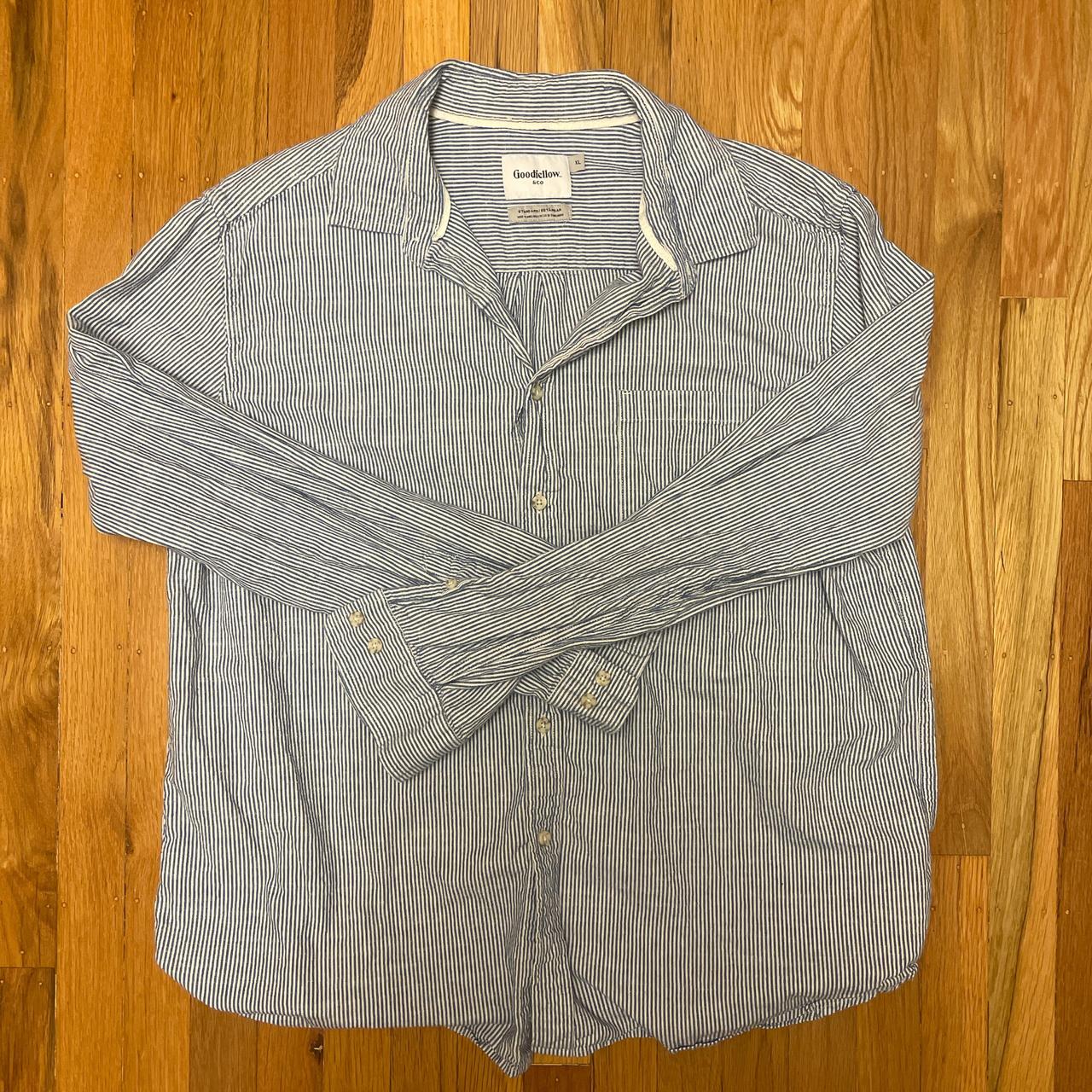Blue and white striped Goodfellow & Co. button-up shirt - Depop
