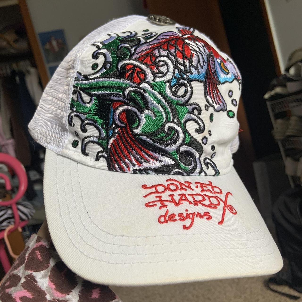 Ed hardy white hat fish design worn twice minor... - Depop
