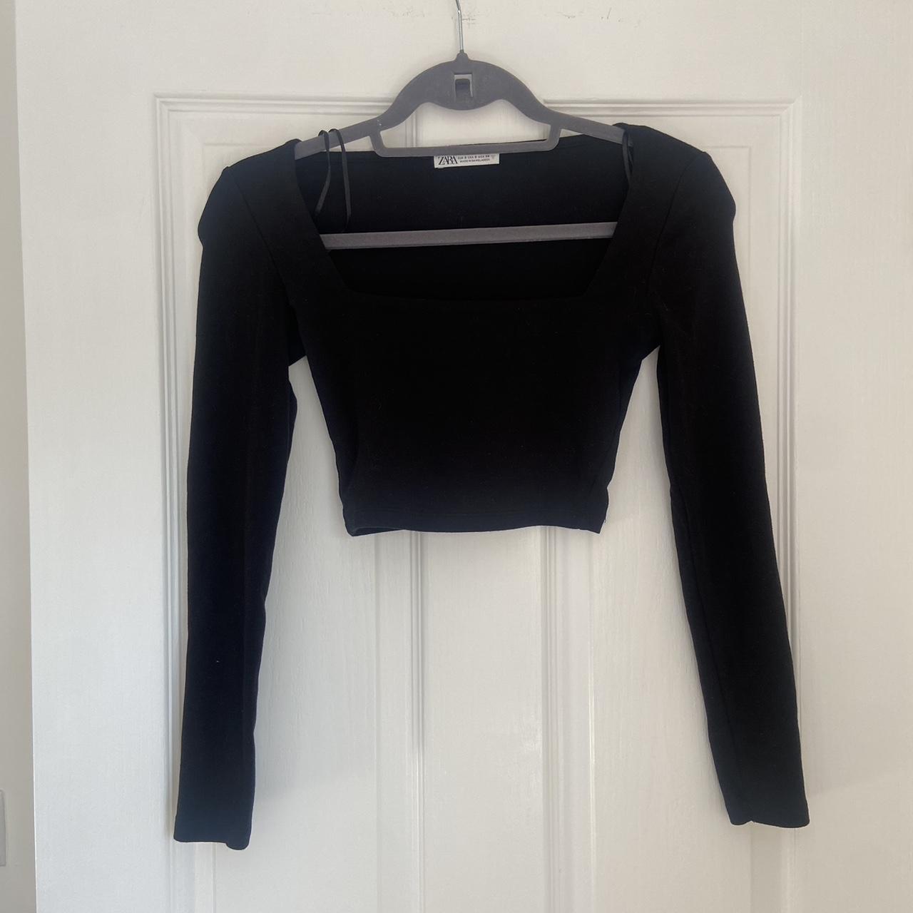 ZARA Cropped Black Long-sleeved Top EU Size S Square... - Depop