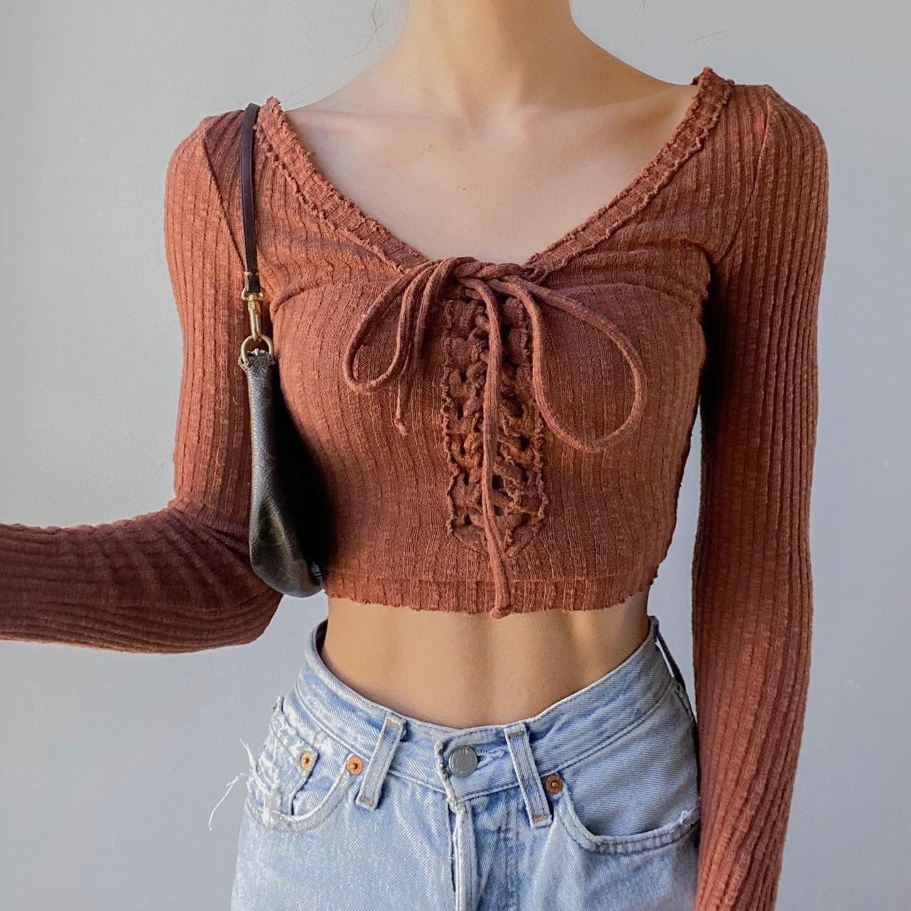Urban Outfitters - Brown Ribbed Lace Up Top Next... - Depop