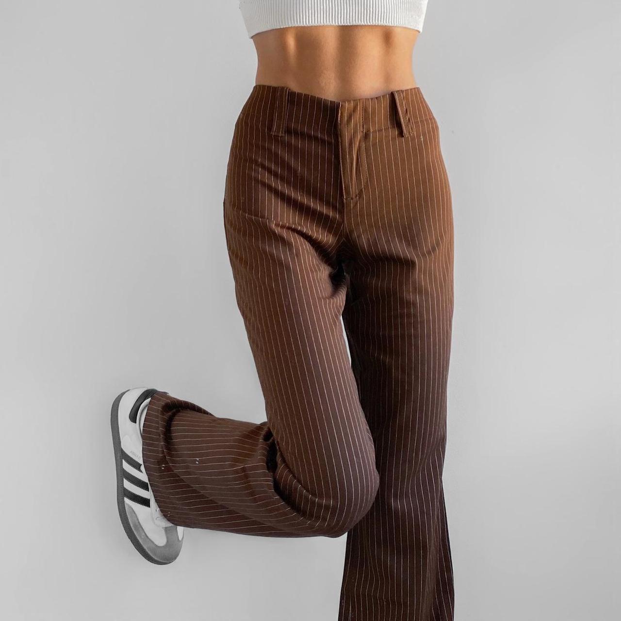 Pinstripe Straight Low Rise Brown Trouser Pants... - Depop