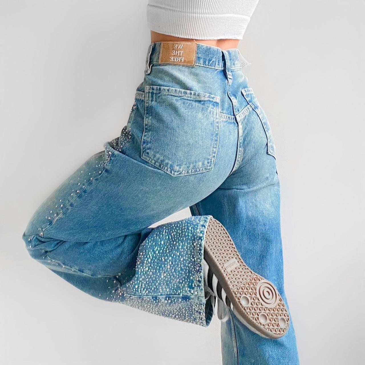 Free People Rhinestone Studded Utility Baggy Jeans... | Depop
