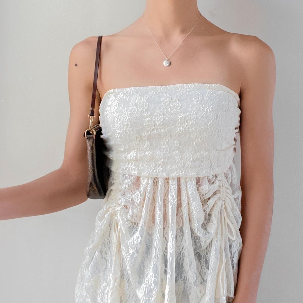 Lace Ruched Babydoll Flowy Strapless Ivory Top ... | Depop