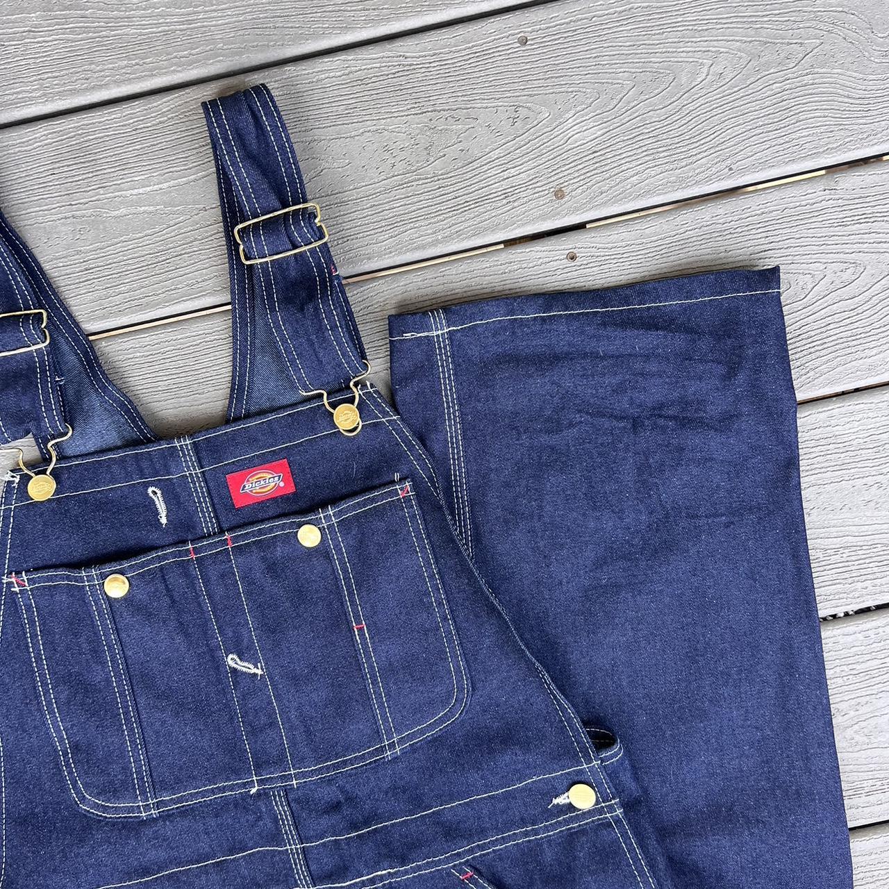 Dark Denim Dickies Overalls Pants with White... - Depop