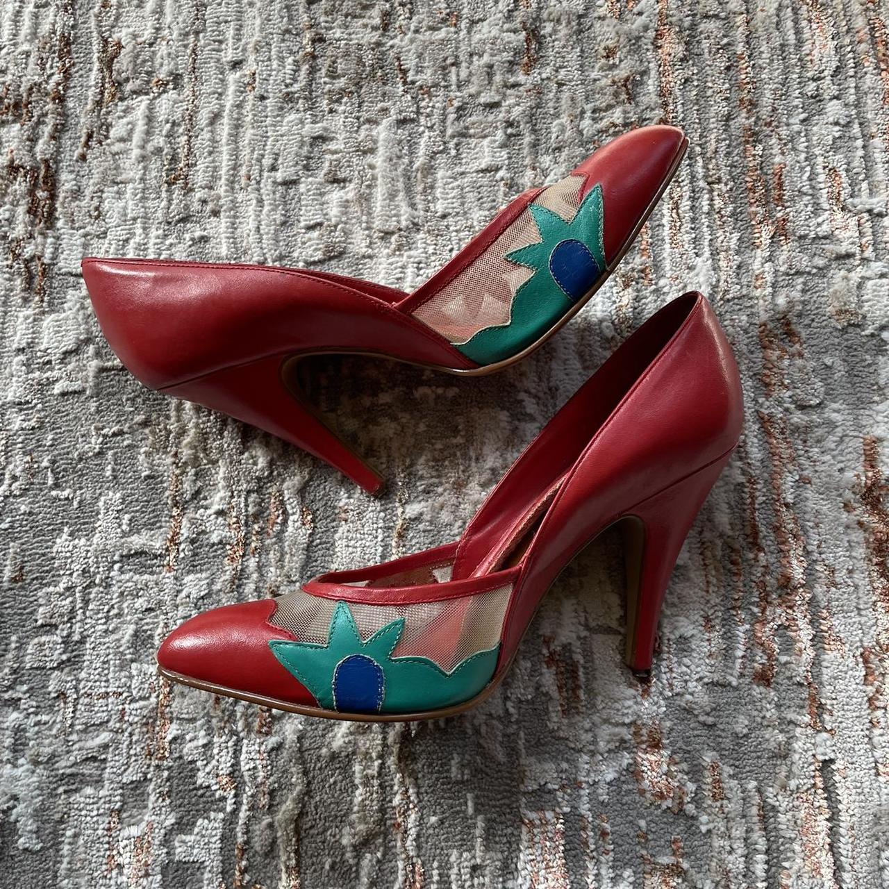 Stunning vintage red heels Mesh flower detail 4”... | Depop