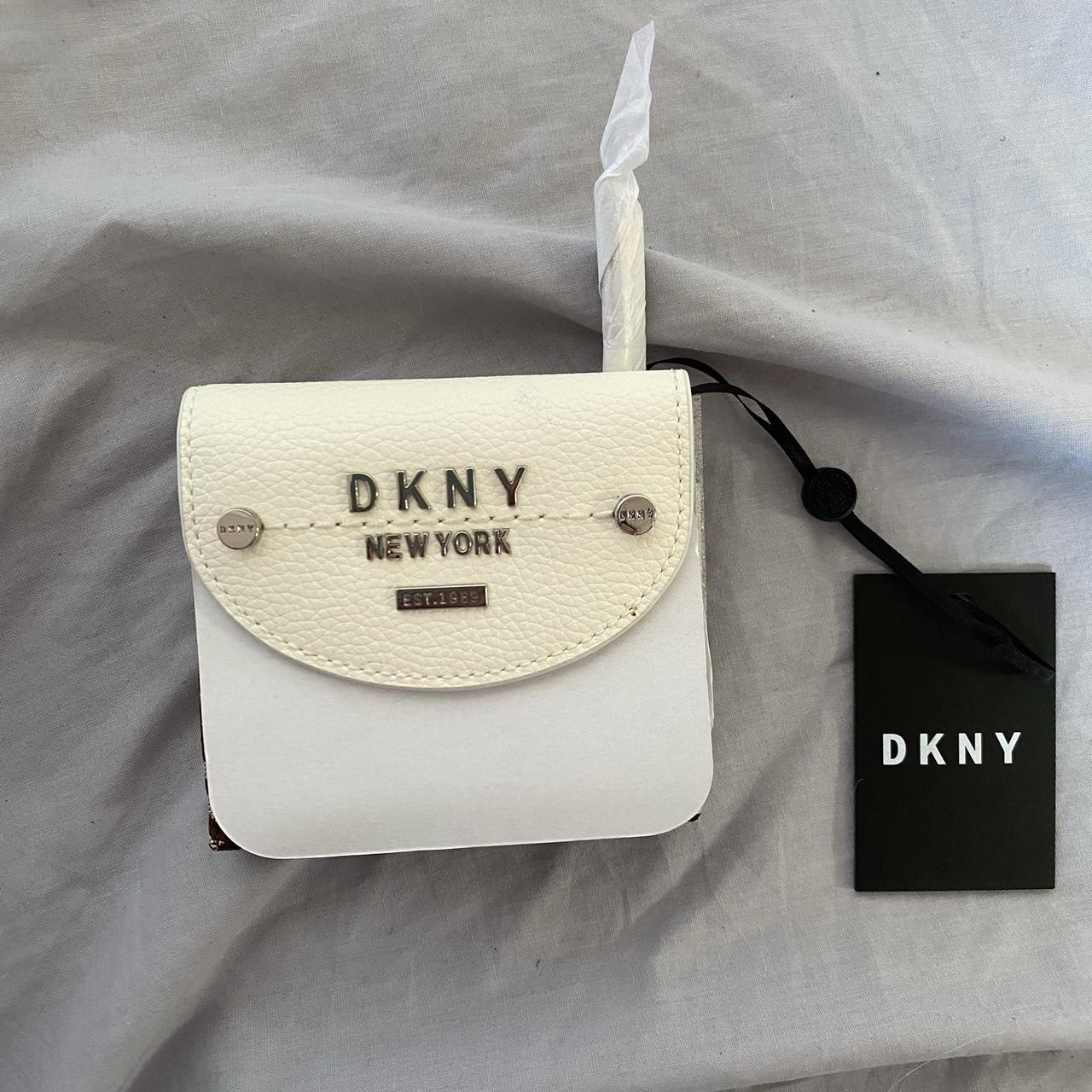 DKNY Small Flap Trifold Purse, White and Brown... - Depop