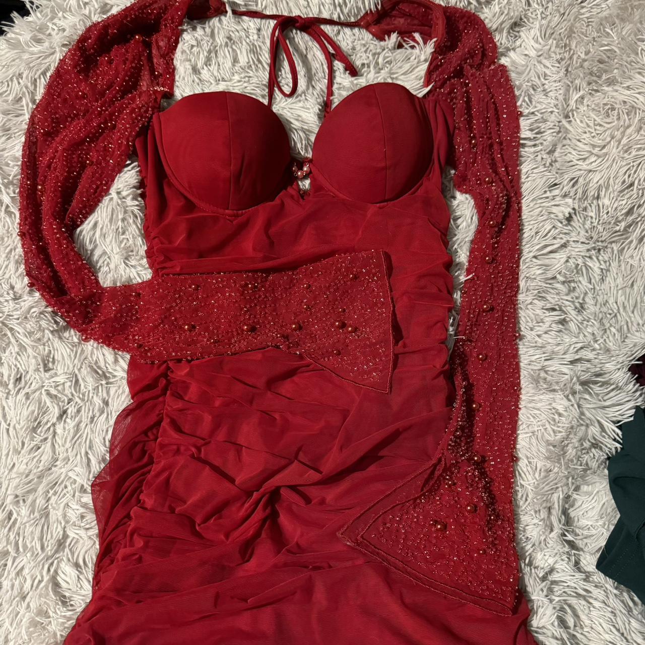 Oh Polly red ruched embellished dress - Depop