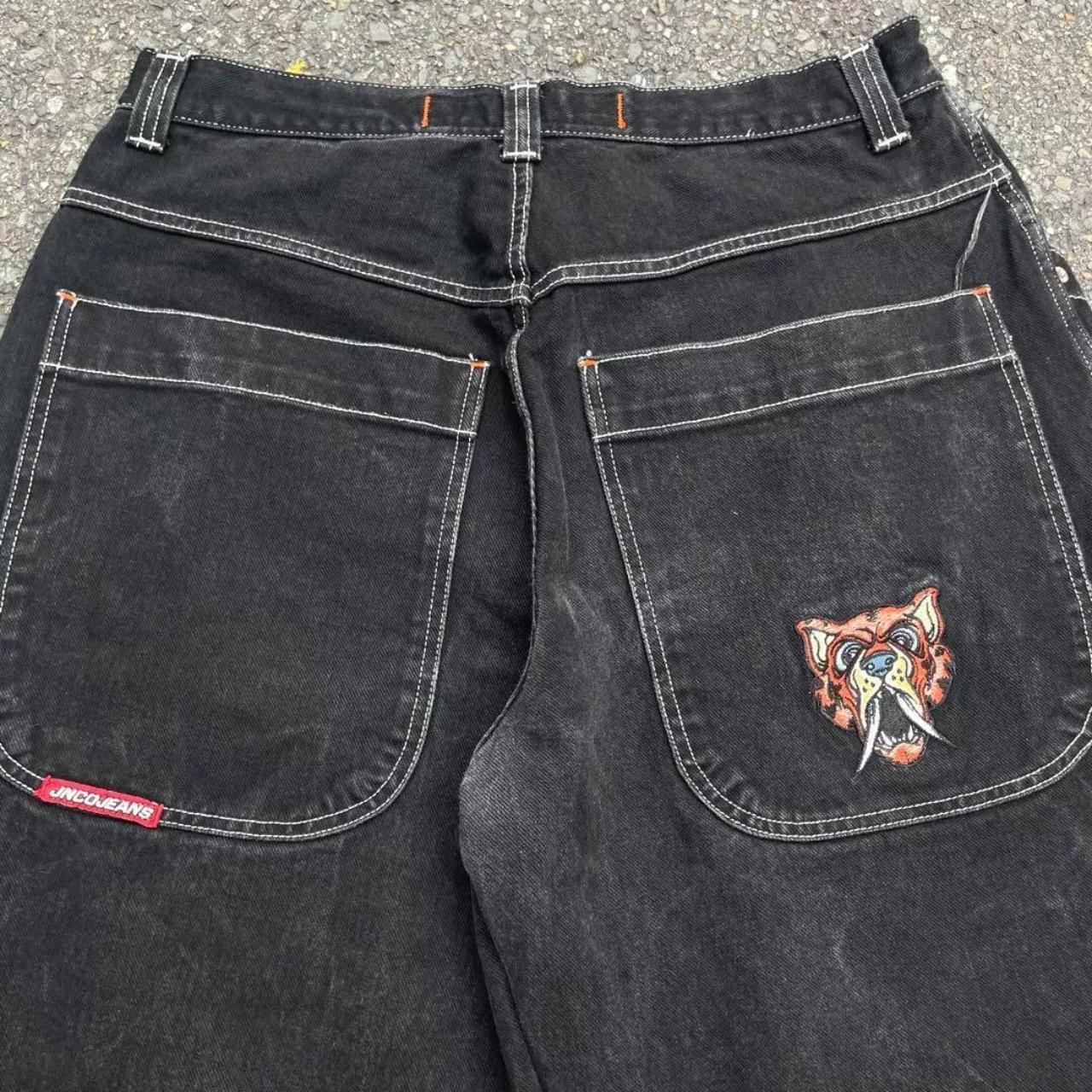JNCO Jeans Tiger Design Baggy Wide Black Denim Y2K... - Depop