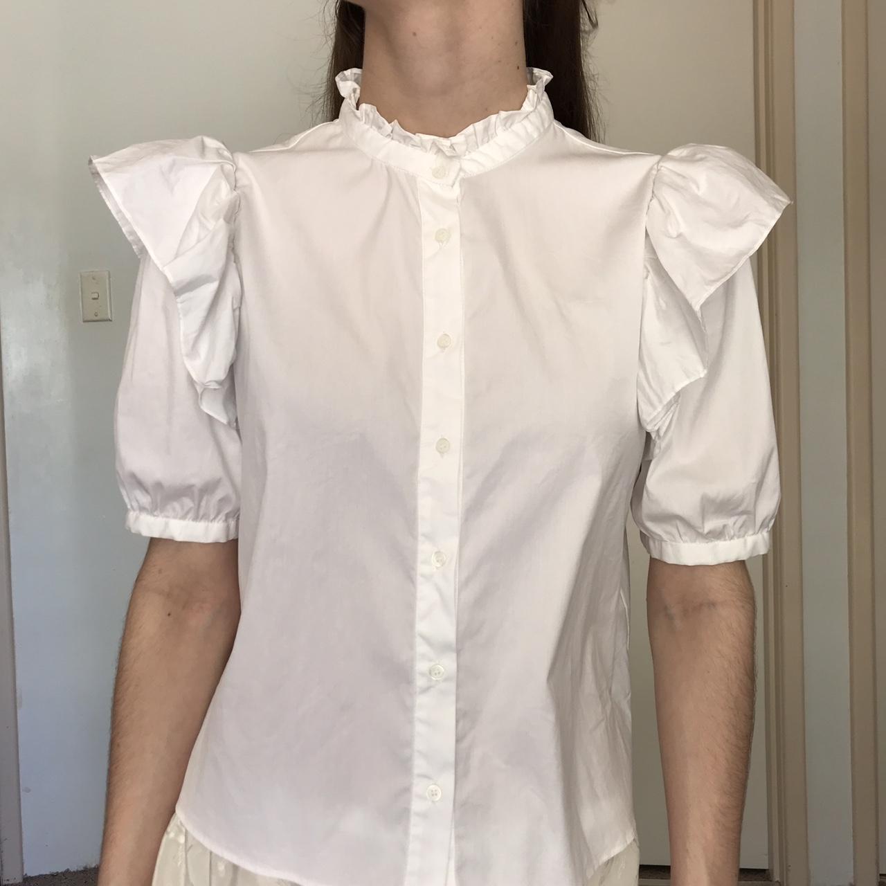 Romantic high neck ruffled blouse in crisp white, by... - Depop
