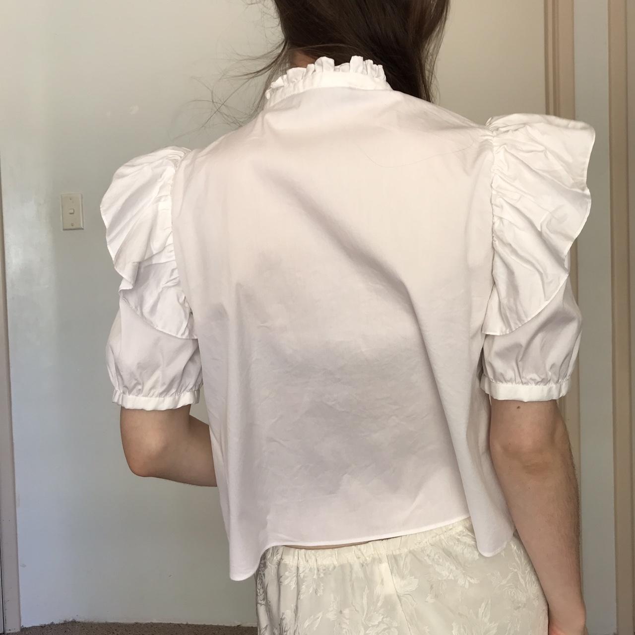 Romantic high neck ruffled blouse in crisp white, by... - Depop