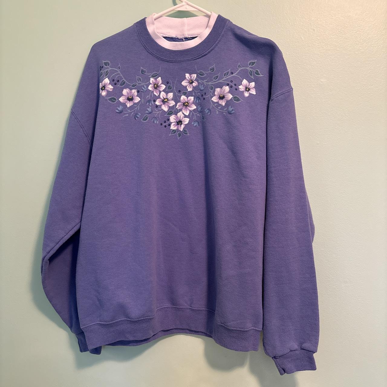 Purple grandma sweater with flower design on chest.... - Depop