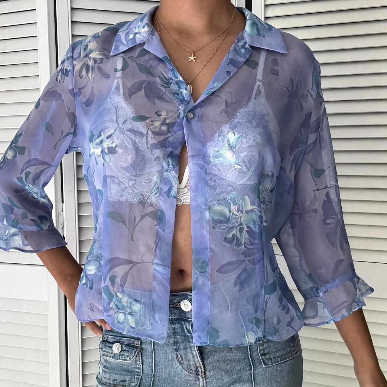 periwinkle sheer floral blouse with quarter sleeves... - Depop