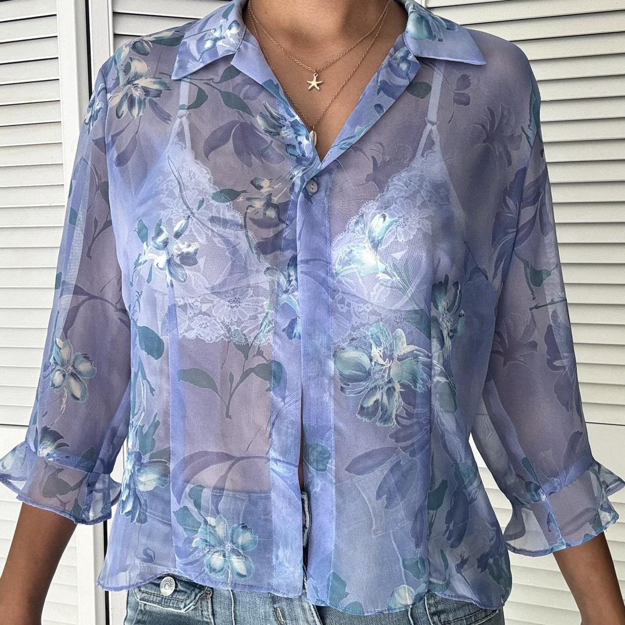 periwinkle sheer floral blouse with quarter sleeves... - Depop