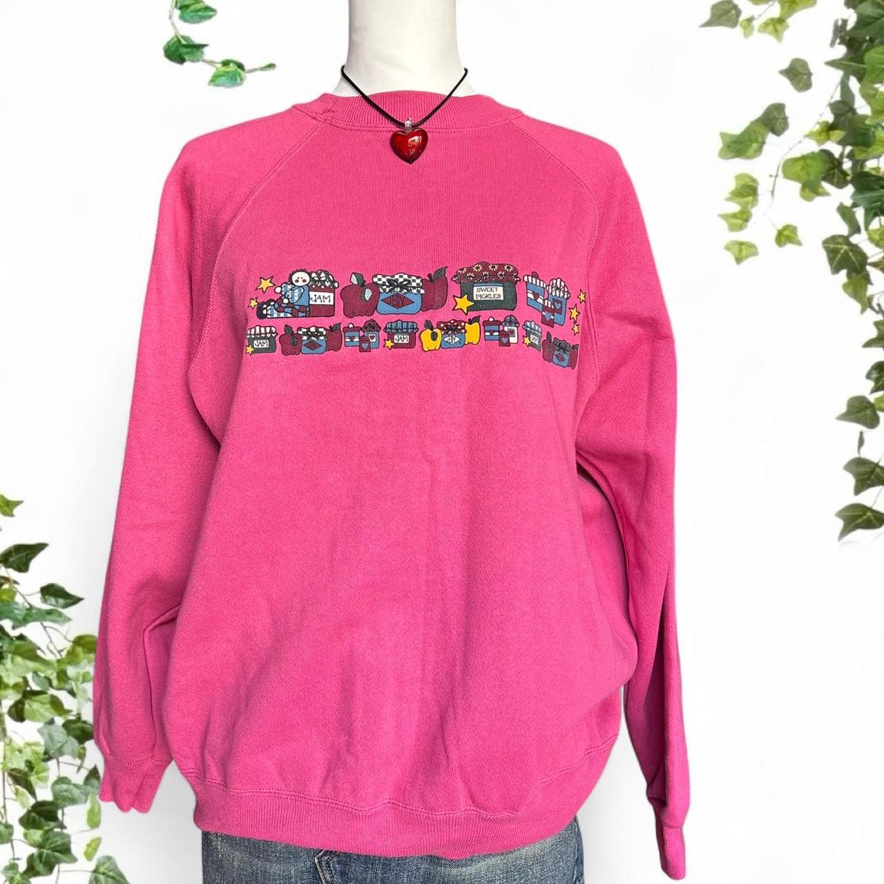 vintage 90s pink crewneck with pickles, jars, and... | Depop