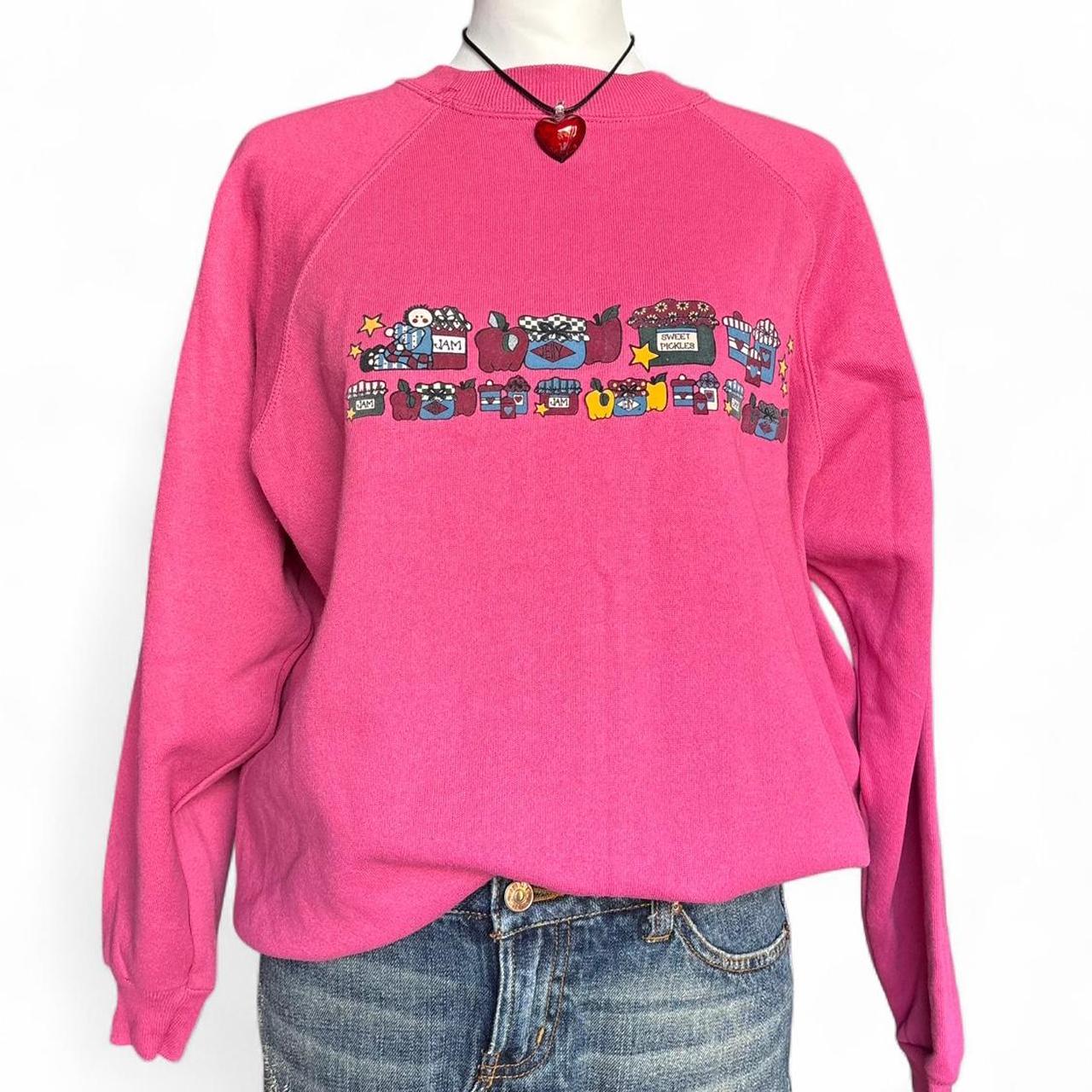 vintage 90s pink crewneck with pickles, jars, and... | Depop