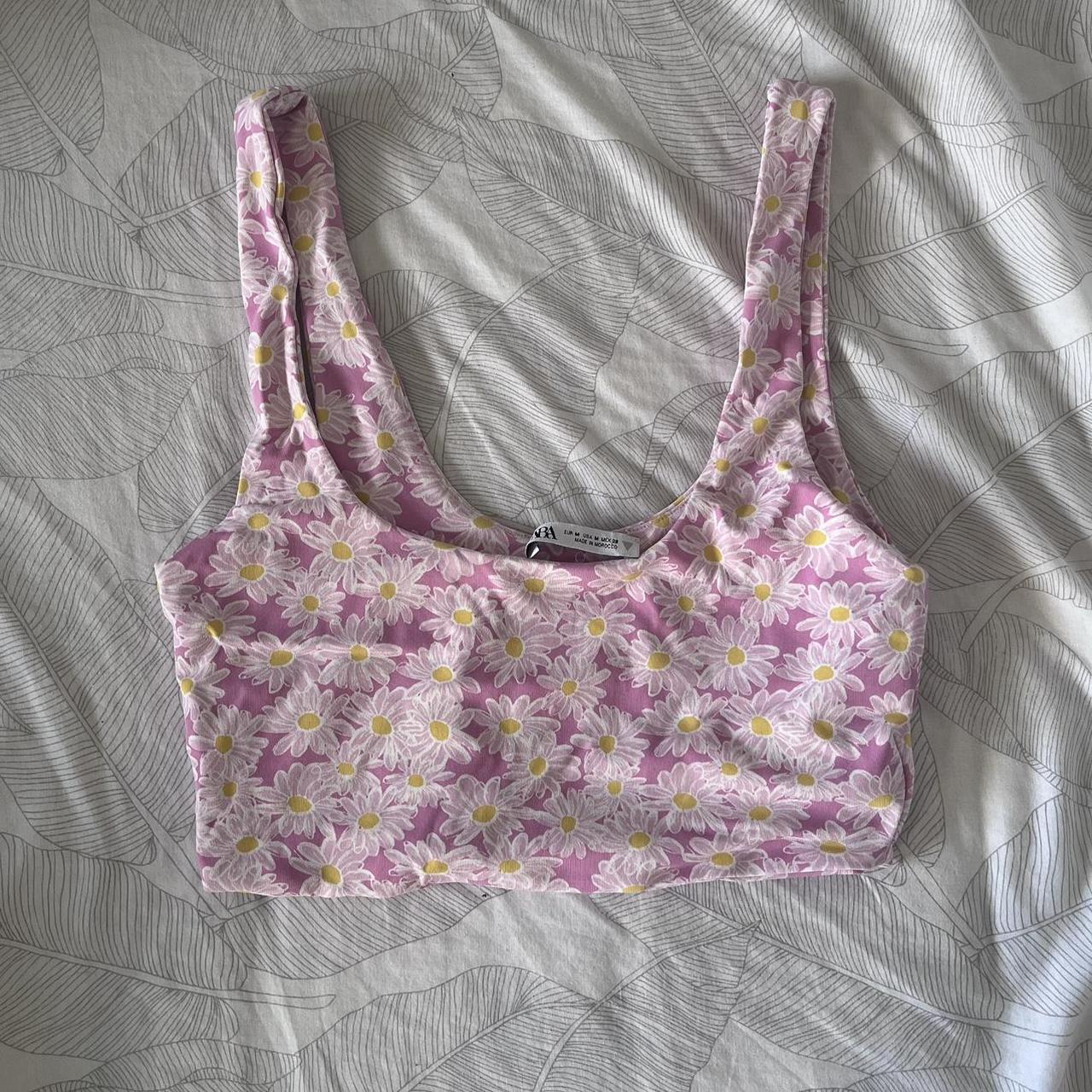 Zara Pink Flower Crop Top x Size M x Worn a few... - Depop