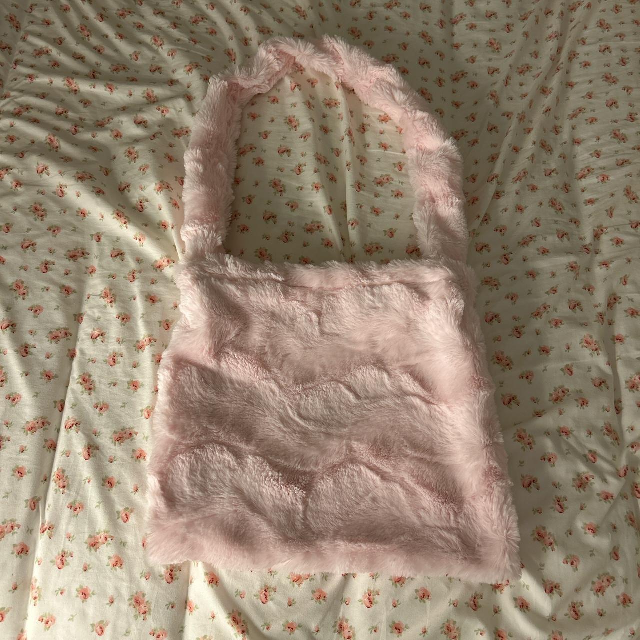 coquette pastel pink fluffy tote bag w golden satin... - Depop