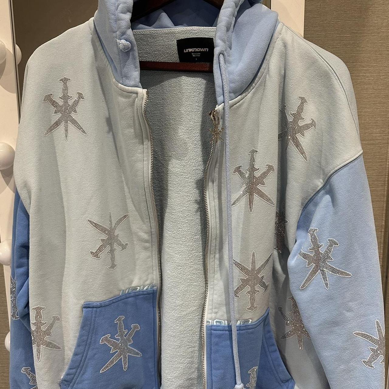 Unknown London zip up blue hoodie Size small Unisex... - Depop