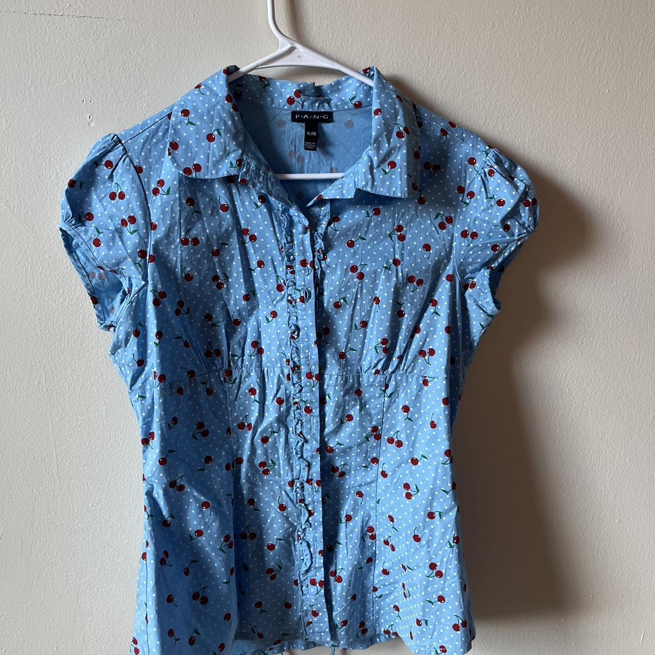 vintage 90s light blue button up with a cherry... - Depop