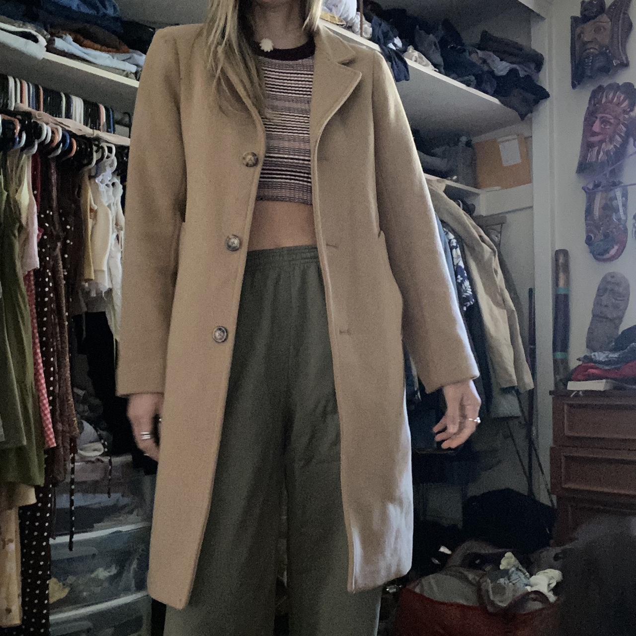 Abercrombie A&f dad coat in tan and cream wool... | Depop