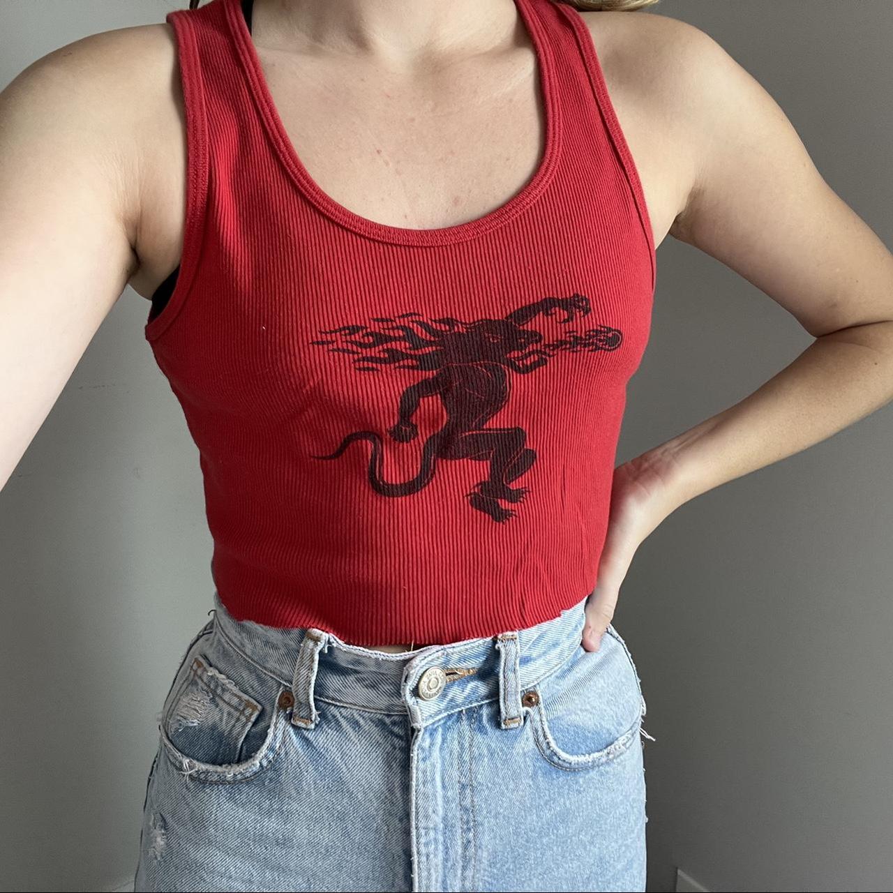 thrifted red fireball tank cut to be a crop top,... - Depop