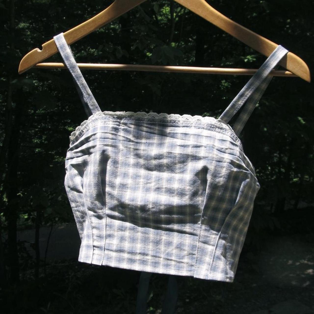 Blue and white checkered tank top with lace... | Depop