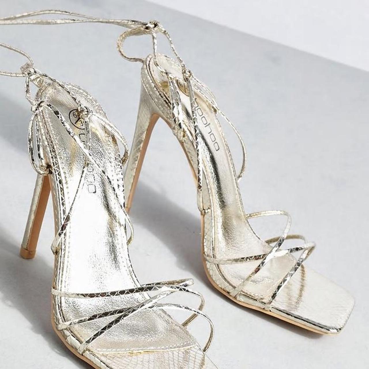 Gold BOOHOO MULTI STRAP LACE UP SANDAL HEELS SIZE... - Depop