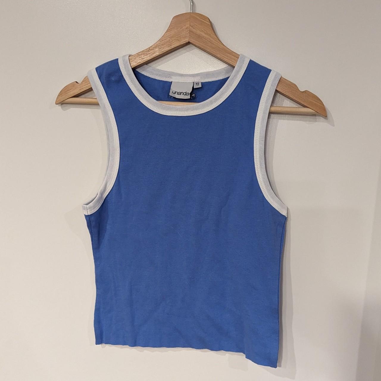 Ghanda blue with white detail crop tank. Size 12,... - Depop