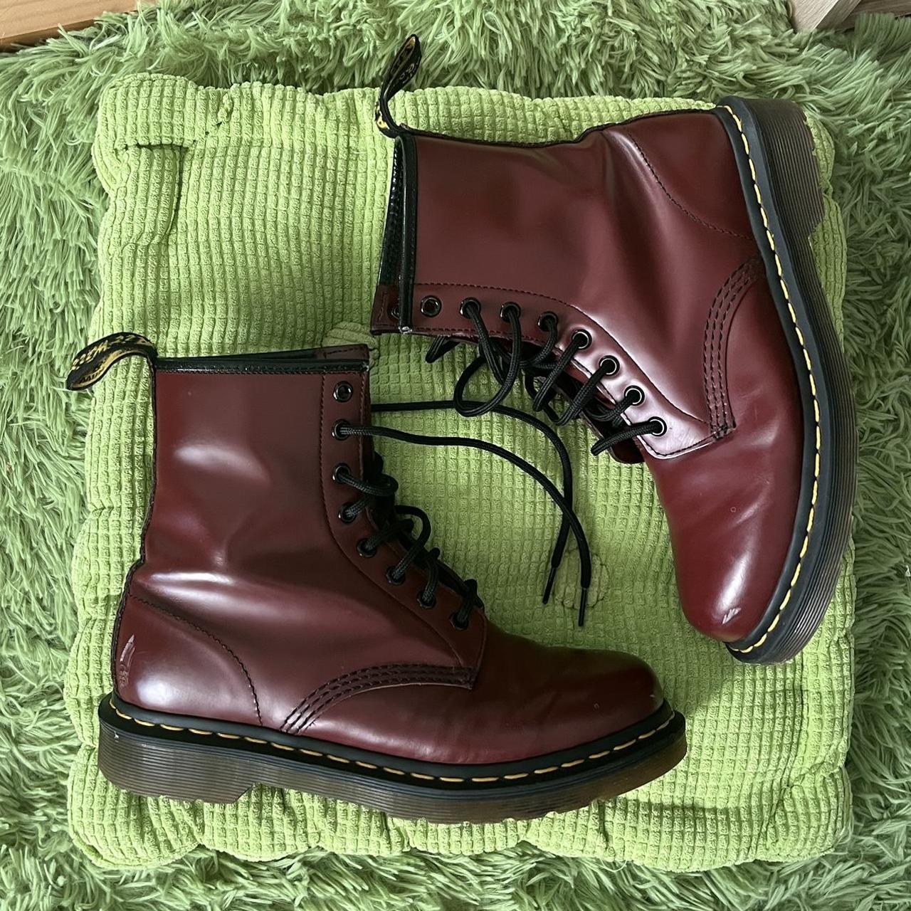 cherry red doc marten boots, size 8 womens!! cutest... - Depop