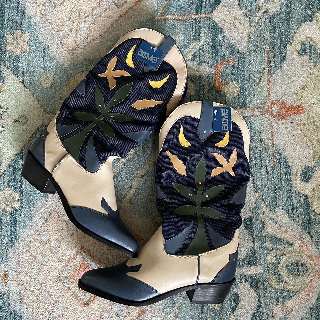 Amazing denim and leather Acme cowgirl boots :)... - Depop