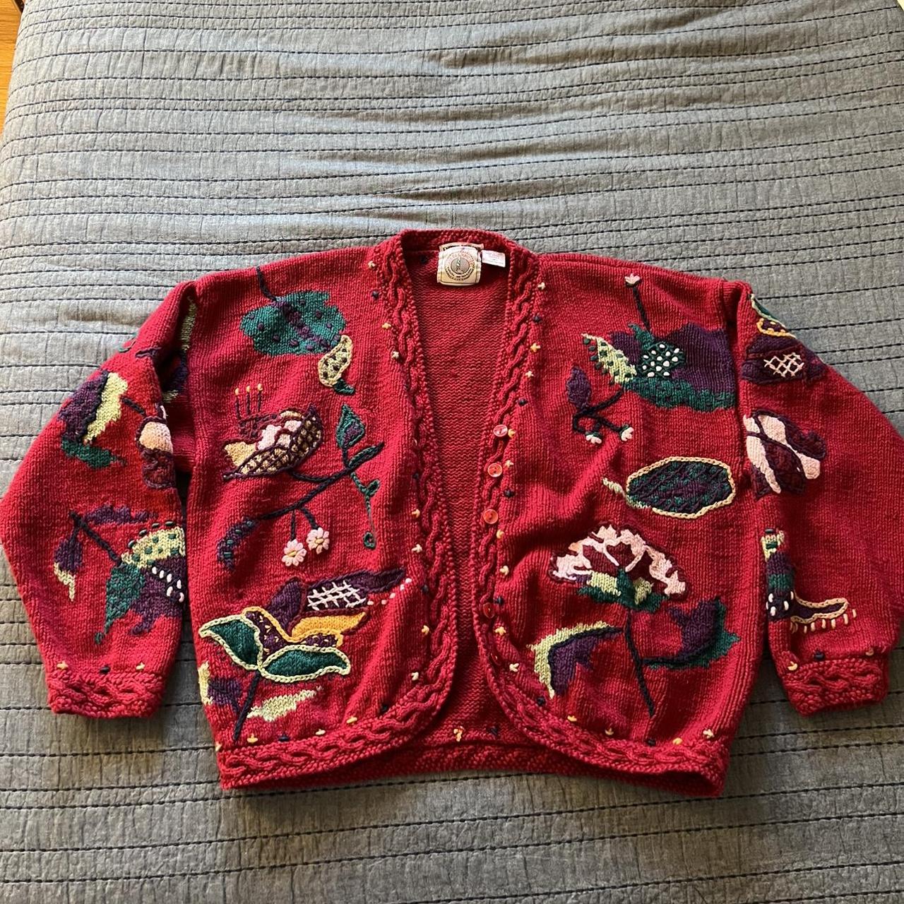 vintage hand knit floral cardigan sweater, dark... - Depop