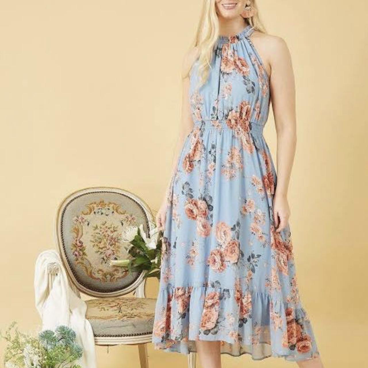 Mela London Women's Blue and Pink Dress | Depop