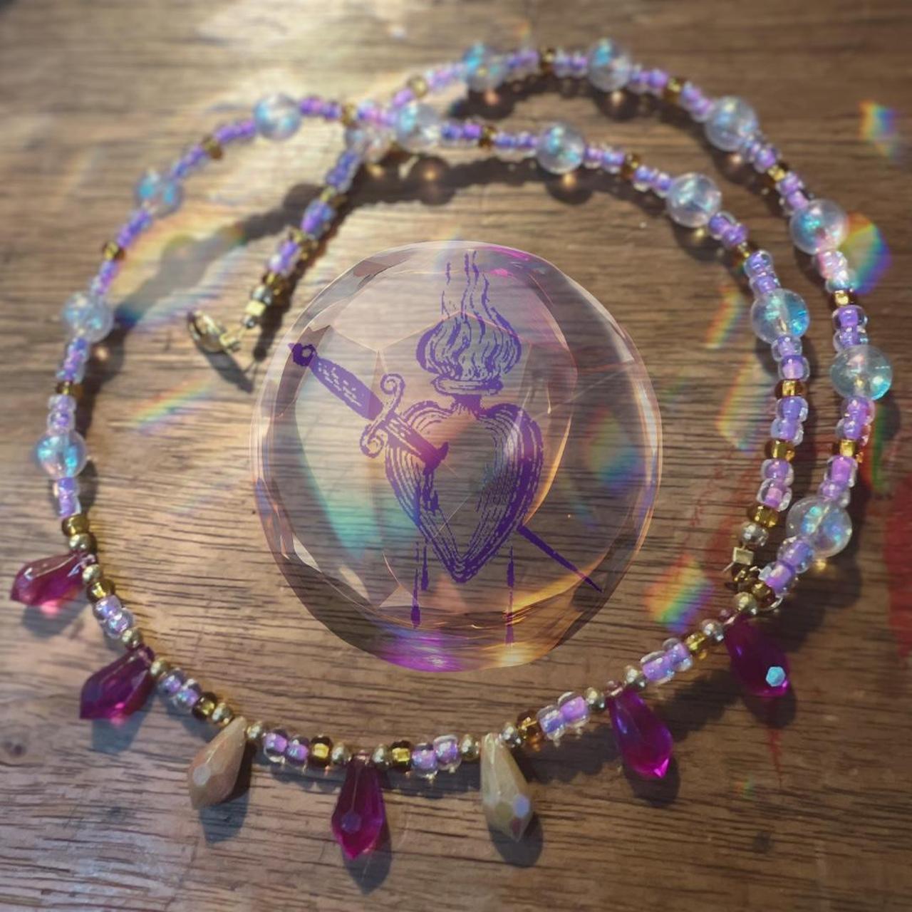 Kandi gem & glass seed bead necklace on gold wire... | Depop