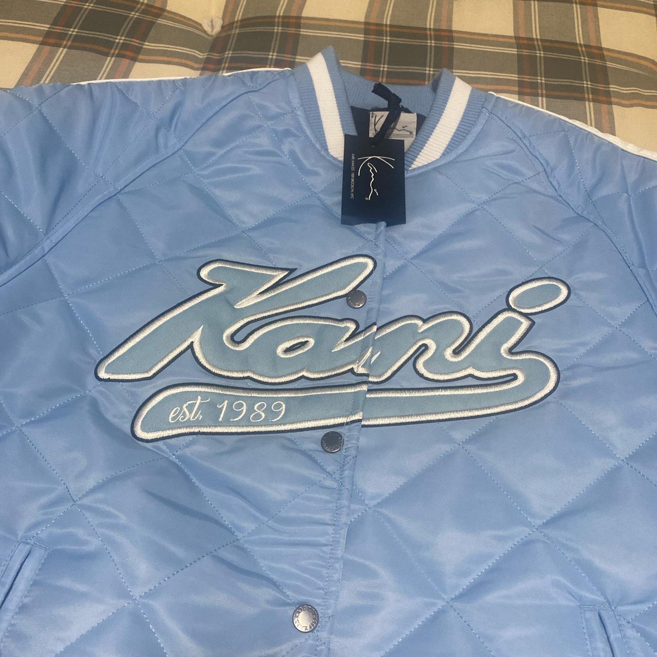 LIGHT BLUE KARL KANI PADDED VARSITY SOUVENIR JACKET.... - Depop