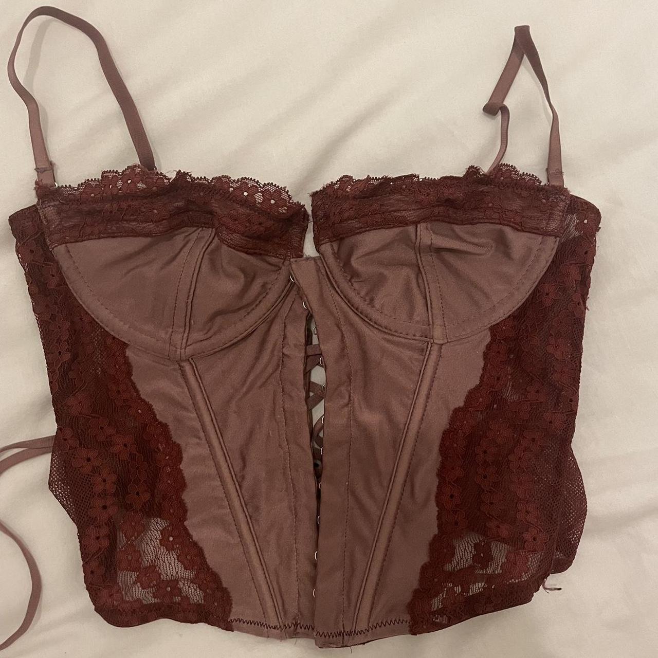 uo out from under lace maroon/burgundy crop corset... - Depop