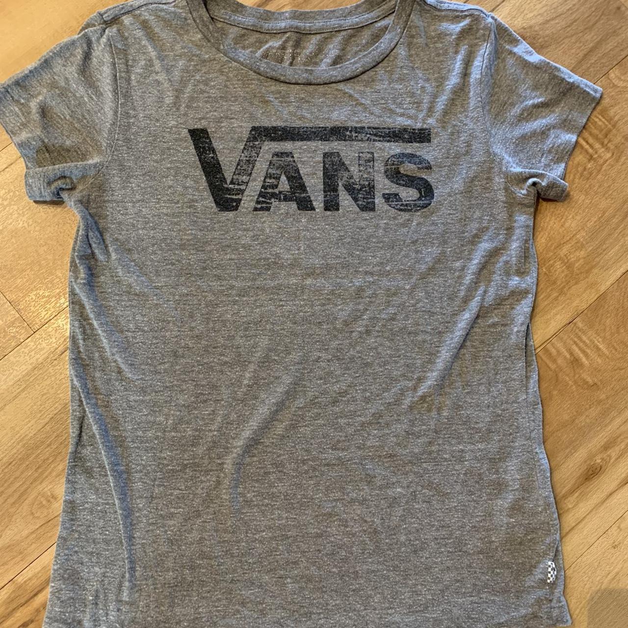 Grey Vans tshirt Black logo across chest Size small - Depop