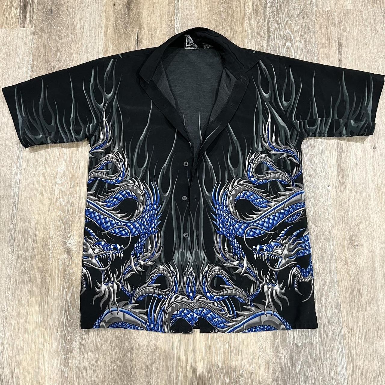 Super fire dragon print button up short sleeve. Had... - Depop