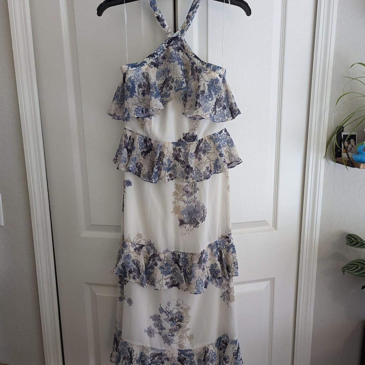 White dress with blue flowers. Tiered ruffles. Worn... - Depop