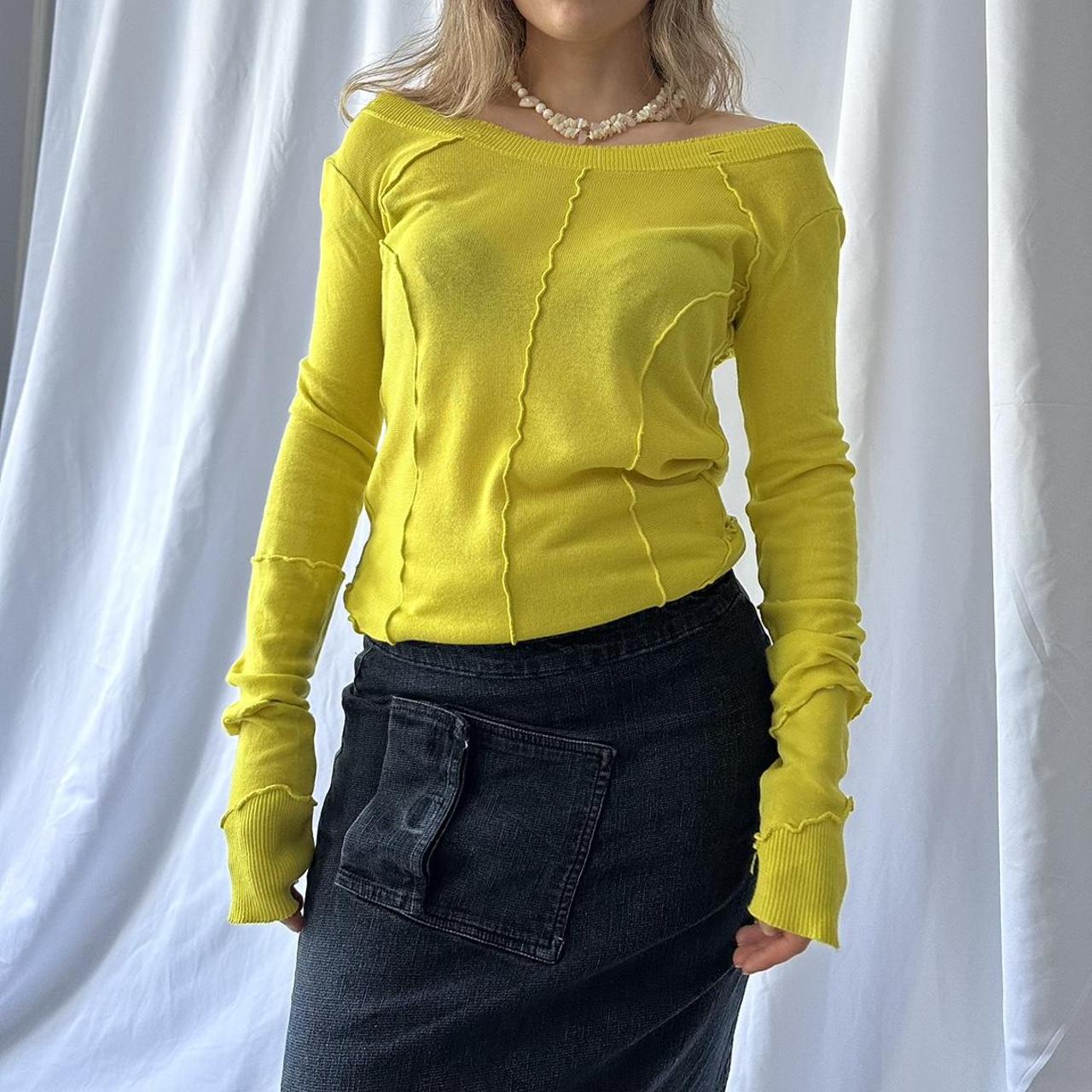 Vintage 90s yellow knit top / jumper with exposed... - Depop