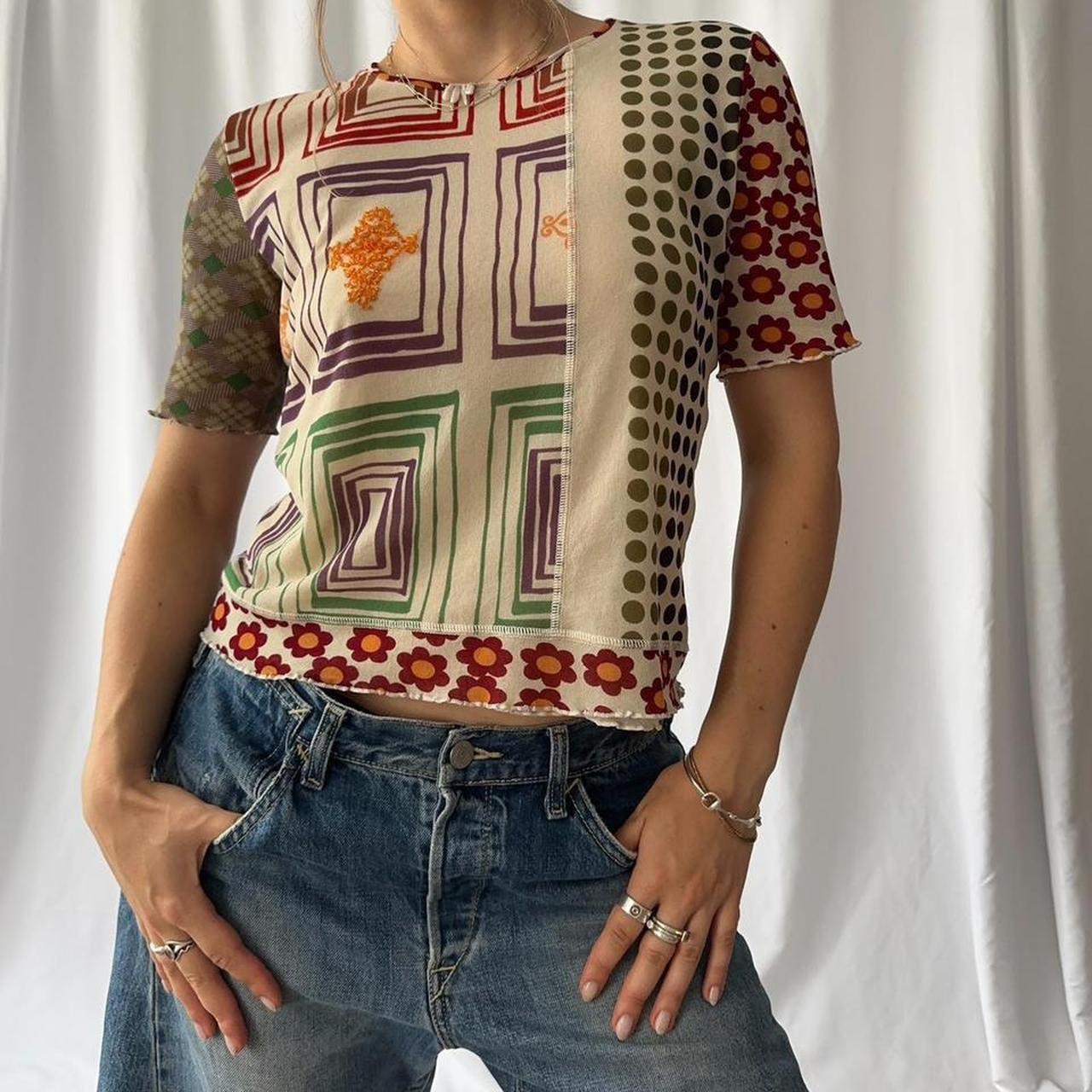 Y2k abstract semi sheer patchwork mesh top Double... - Depop