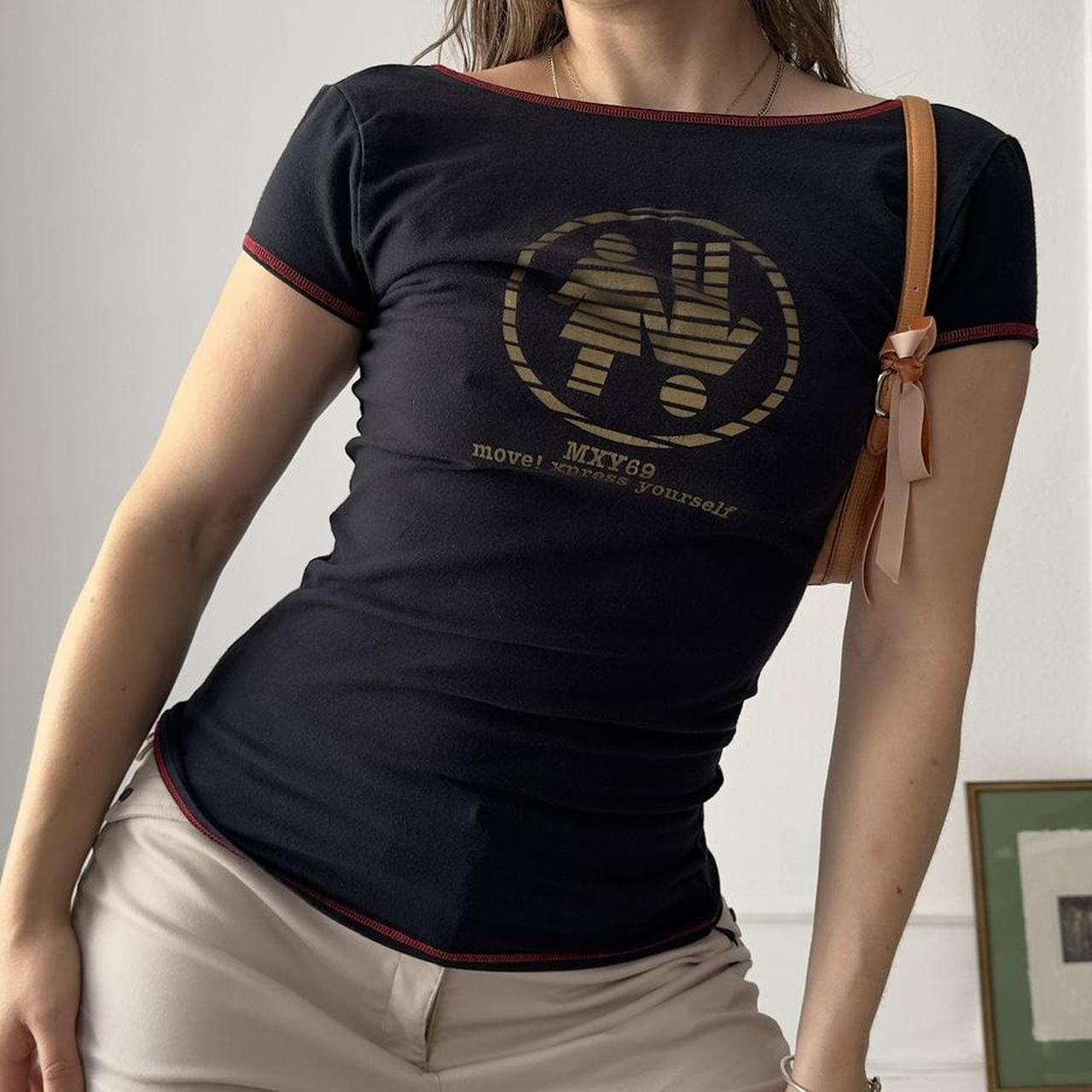 Y2k black t-shirt with red contrast stitching and... - Depop