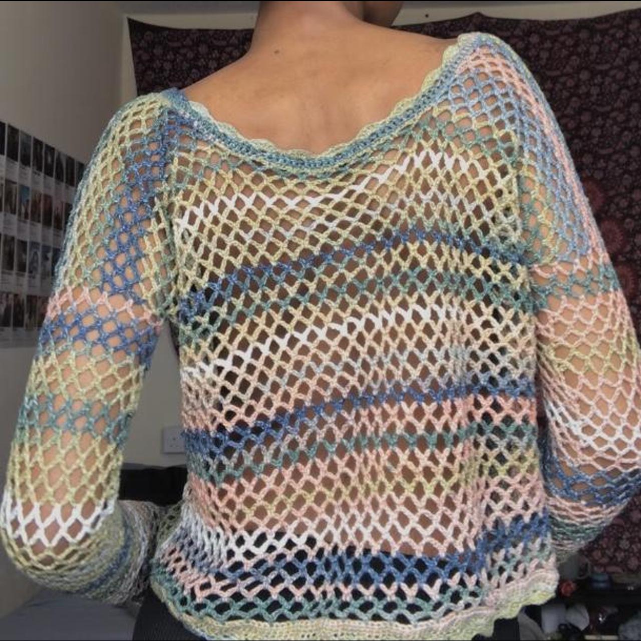 Multi-coloured crocheted mesh top handmade by... - Depop