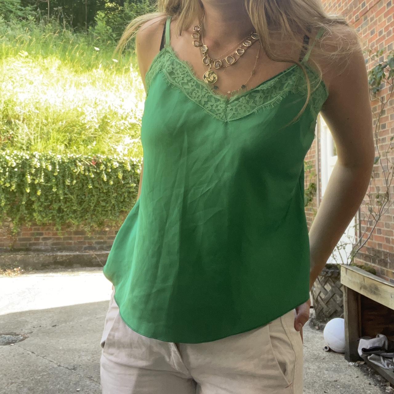 Green satin cami top With lace embroidery Sooo... - Depop