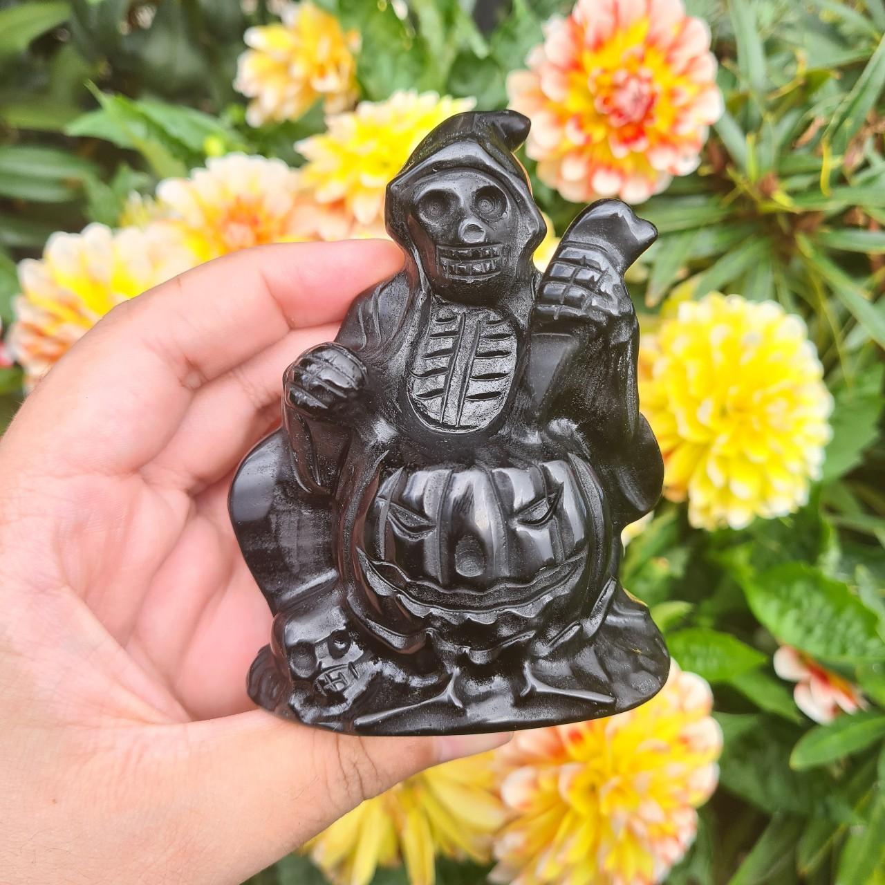 Black Obsidian Crystal Skeleton with Pumpkin... - Depop