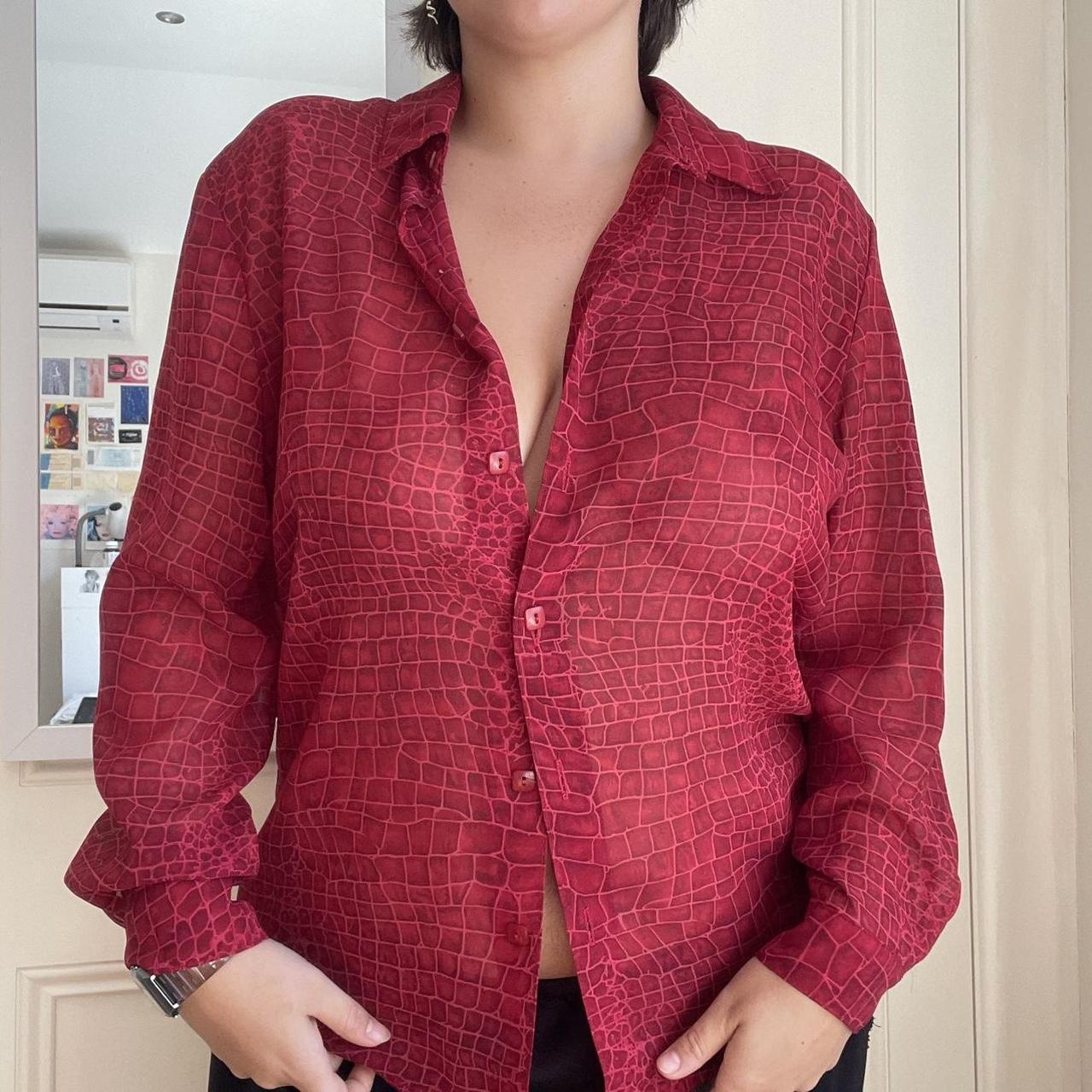 Red sheer croc skin button up blouse Size medium - Depop
