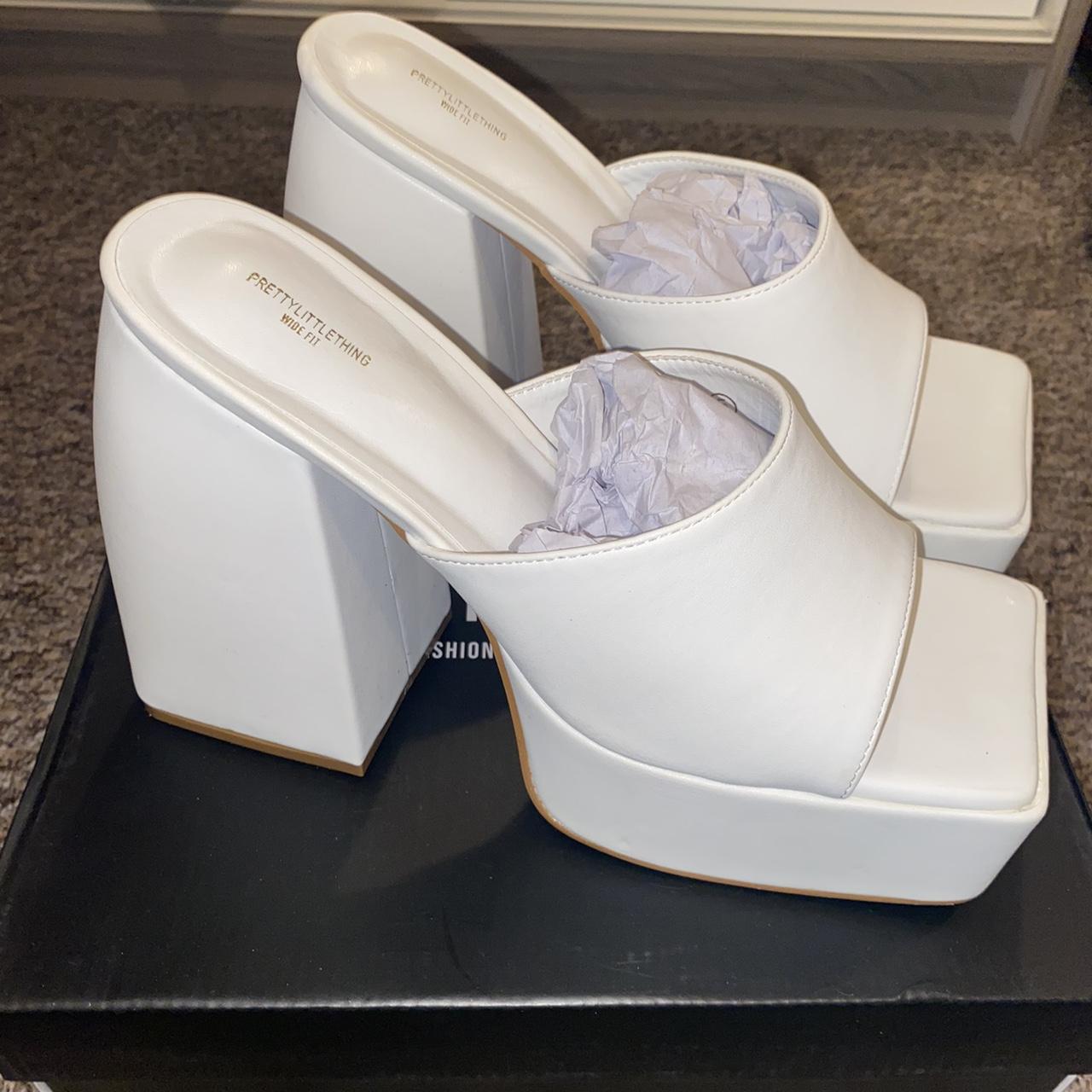 PrettyLittleThing Women's White Mules | Depop