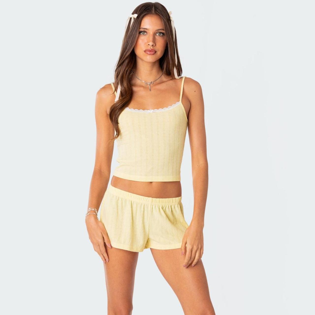 Edikted Irene Pointelle set - yellow Shorts-xs Top-xs | Depop